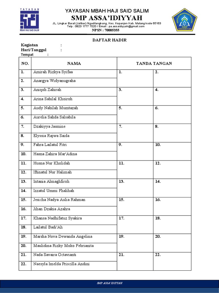 Daftar Hadir VIIC Parenting | PDF