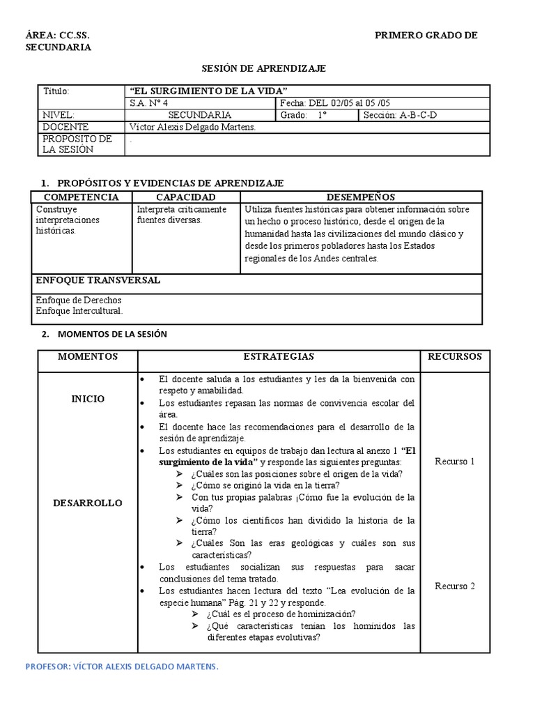 SESIÓN DE APRENDIZAJE 4 Unidad 1 CC - SS 1 SEC. | PDF