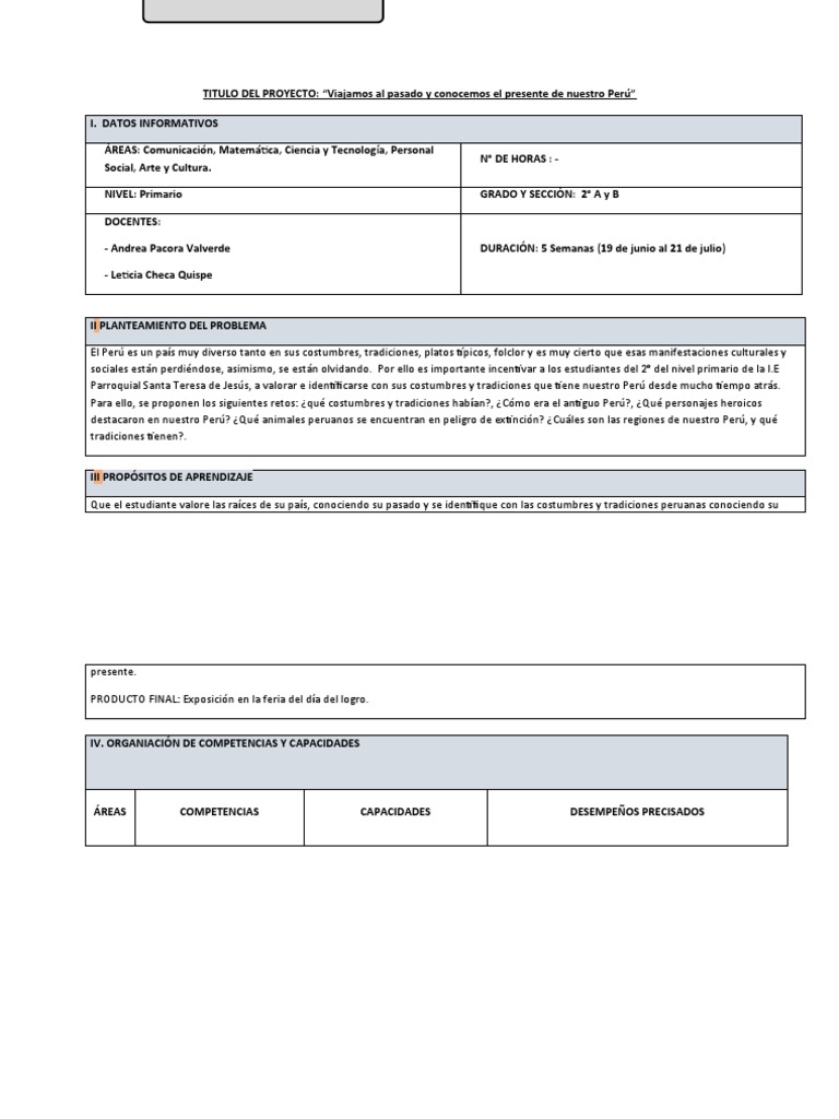 PROYECTO DE APRENDIZAJE 6 - Viajamos Al Pasado y Conocemos El Presente ...