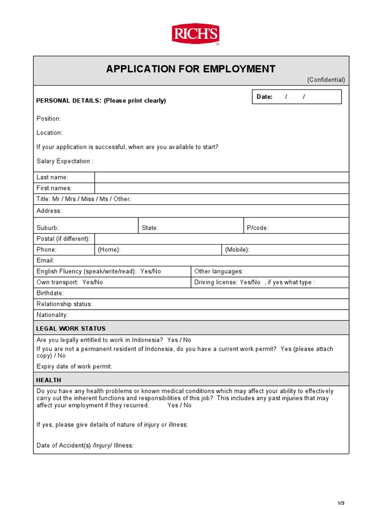 RICH'S Indonesia - Job Application Form | PDF