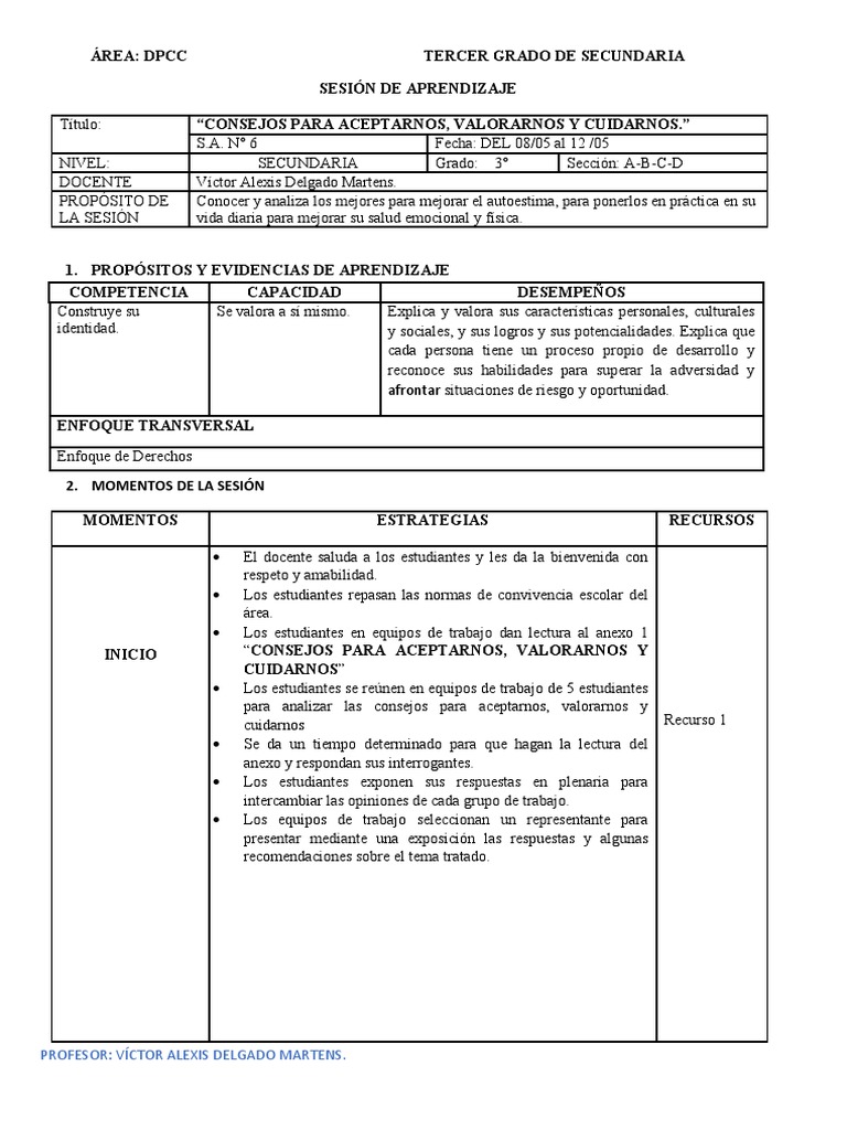 SESIÓN DE APRENDIZAJE 5 Unidad 1 DPCC 3 SEC. | PDF