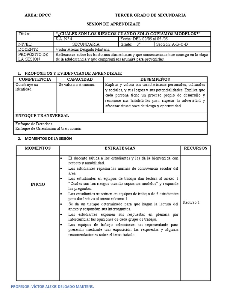 SESIÓN DE APRENDIZAJE 4 Unidad 1 DPCC 3 SEC. | PDF | Relaciones personales, crianza y desarrollo ...