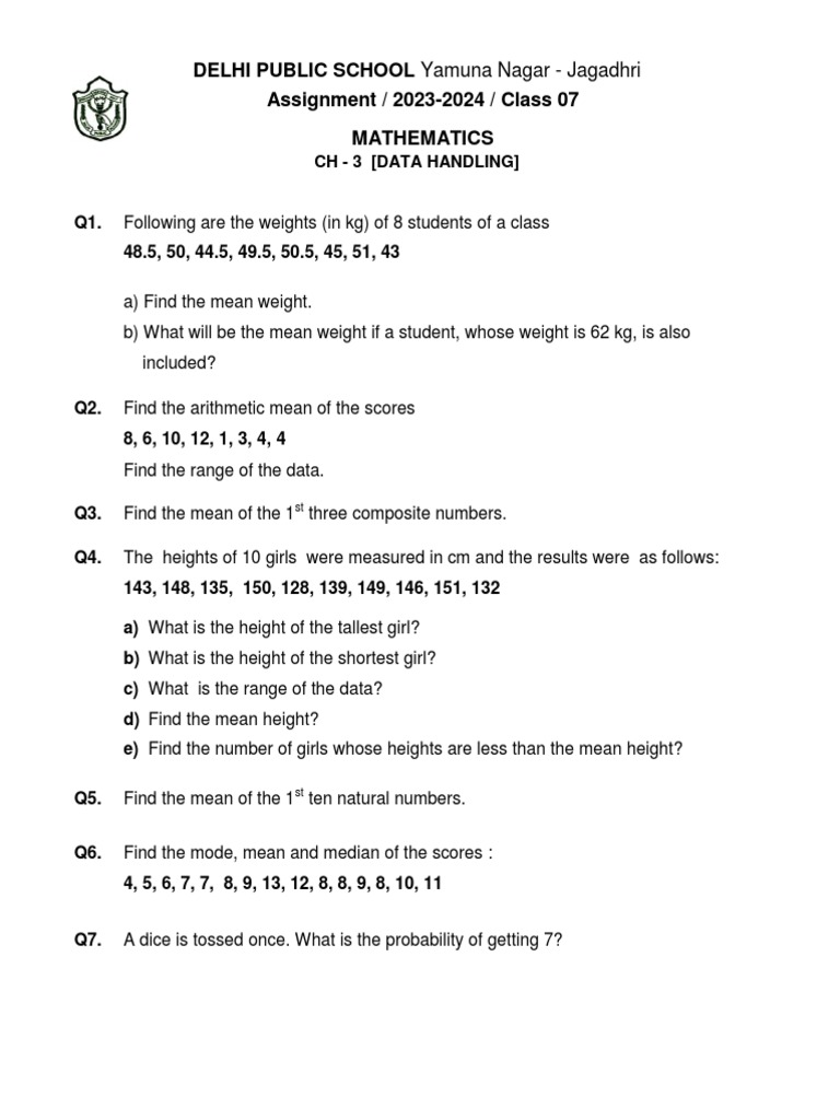 Class 7 Math Data Handling Assignment | PDF