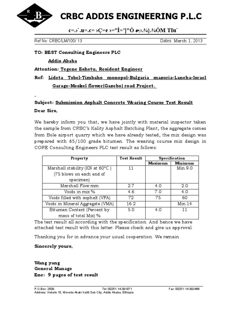 Submission Asphalt Concrete Wearing Course Test Result | PDF ...