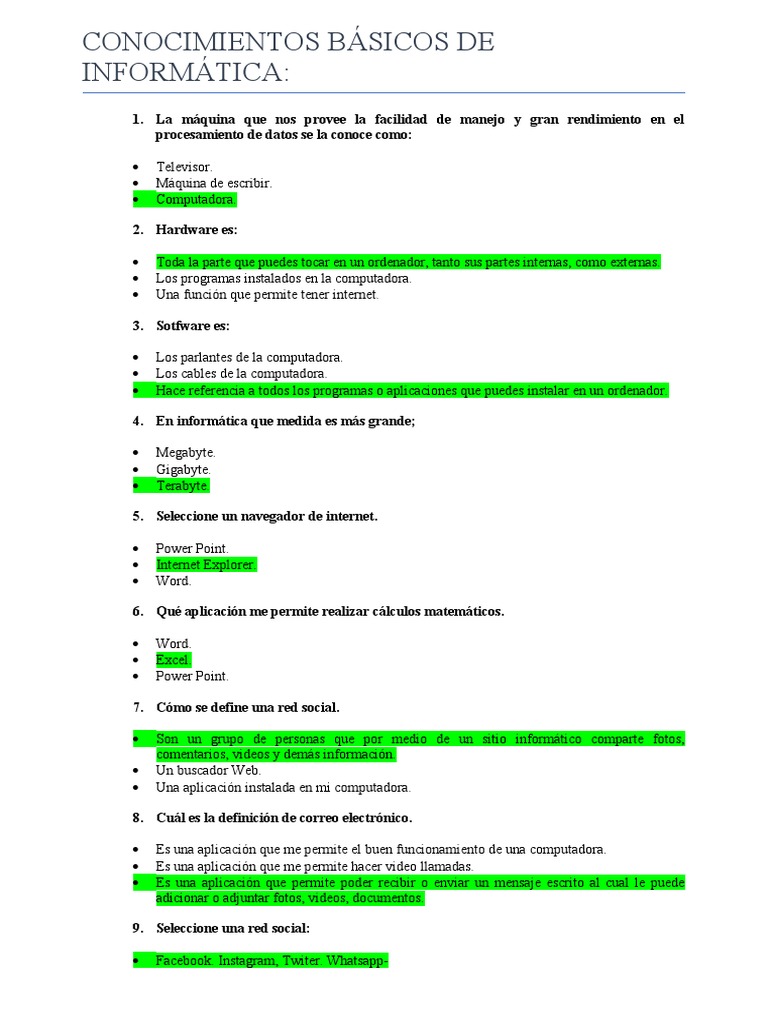 Cuestionario Resuelto Conocimientos Básicos de Informática 2023 | PDF