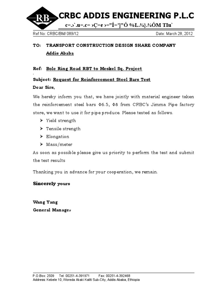 Request For Reinforcement Steel Bars Test | PDF