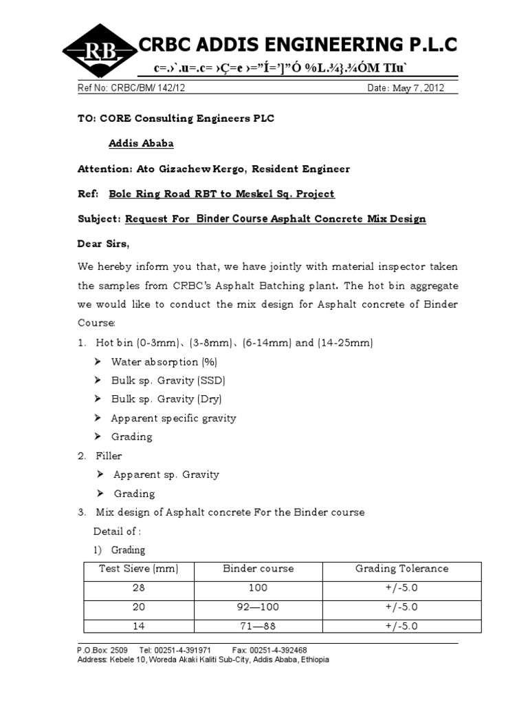 Request For Binder Course Asphalt Concrete Mix Design | PDF | Concrete ...