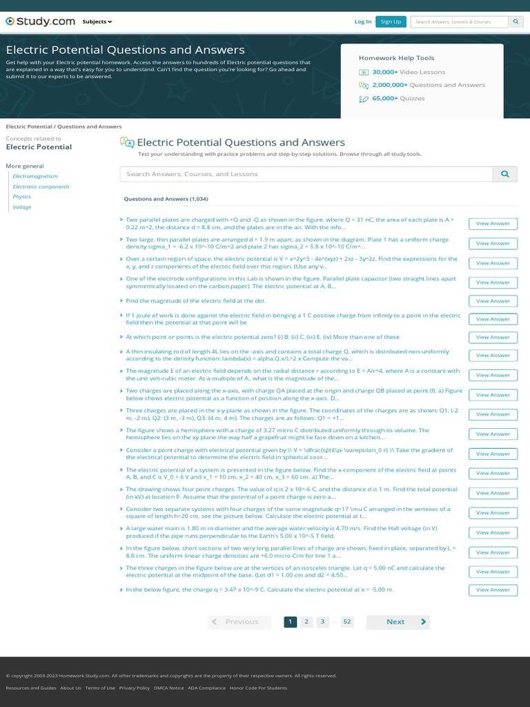 Electric Potential Questions and Answers | PDF