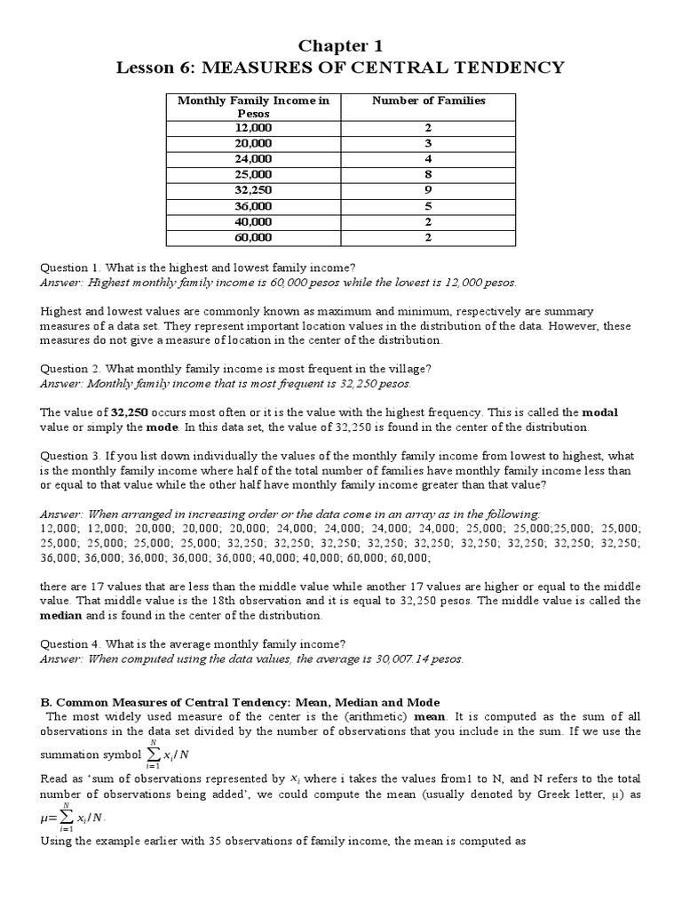 Chapter 1 LESSON 6 MEASURES OF CENTRAL TENDENCY | PDF