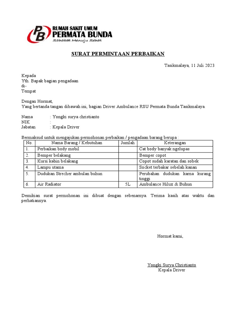 Permohonan Perbaikan Ambulance RSU | PDF
