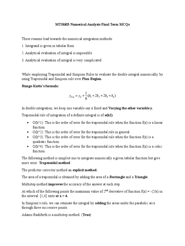 MTH603 4th Quiz 2023 | PDF | Integral | Numerical Analysis