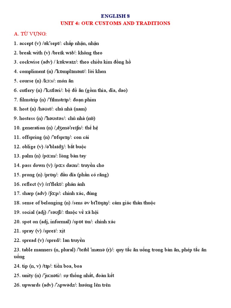 Bài tập Anh 8 theo unit E8 UNIT 4 | PDF