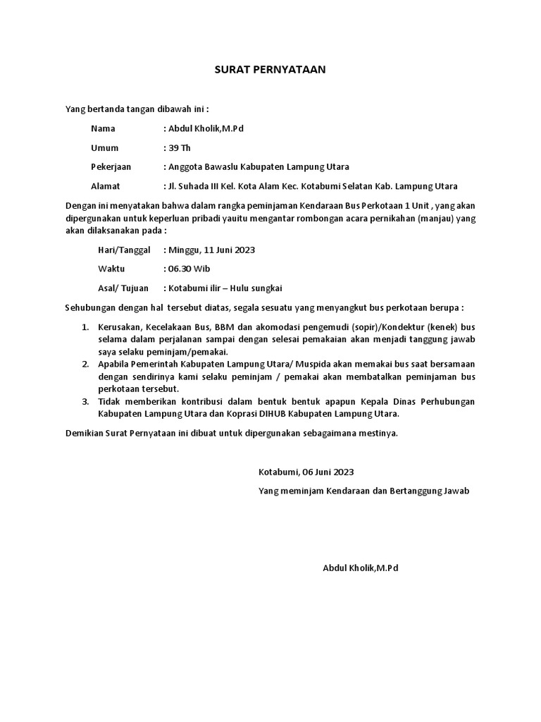 SURAT Pinjam Pakai Bus | PDF