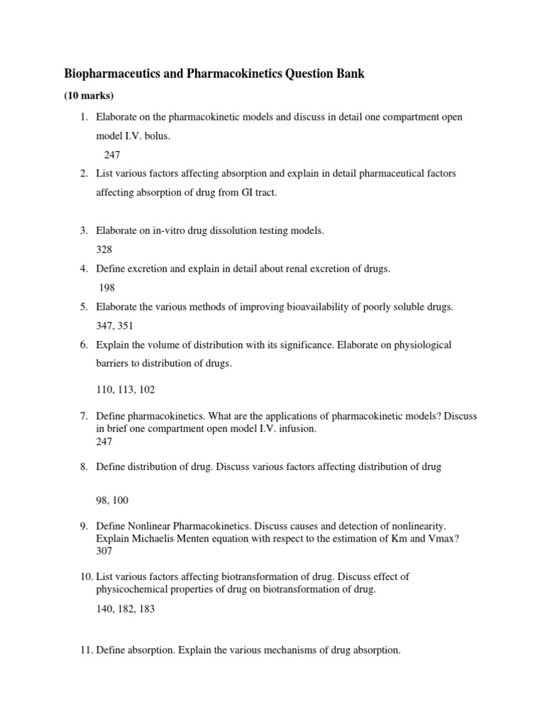 Biopharmaceutics and Pharmacokinetics Question Bank | PDF