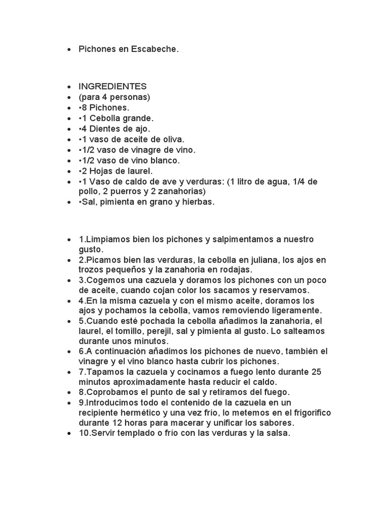 Pichones en Escabeche: Receta Fácil | PDF | Cocina, comidas y vino ...