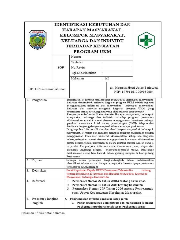 SOP Identifikasi Kebutuhan Dan Harapan Masyarakat, Kelompok Masyarakat, Keluarga Dan Individu ...