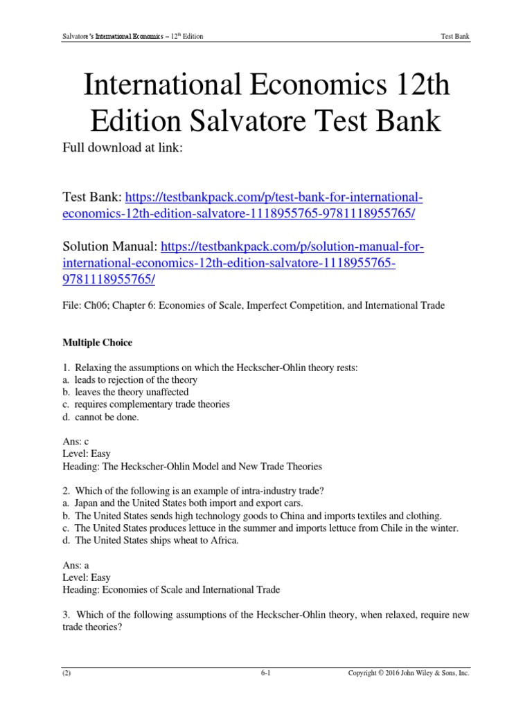 International Economics 12th Edition Salvatore Test Bank Download | PDF ...