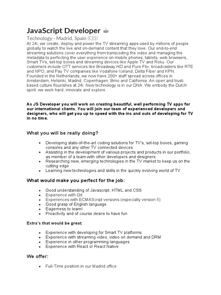 24i Javascript Developer Pdf Java Script Streaming Media 