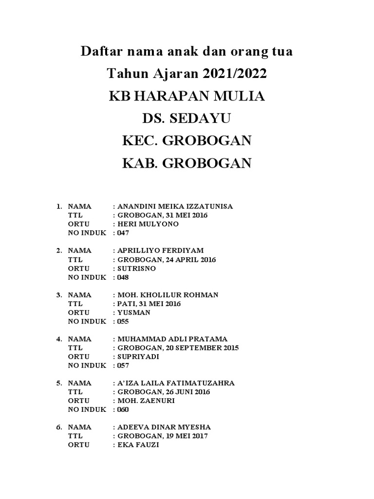 Daftar Nama Anak Dan Orang Tua | PDF