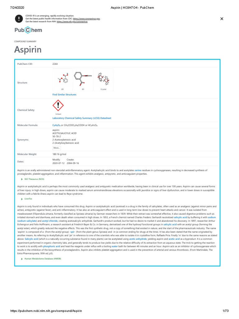 Aspirin: Structure and Properties | PDF