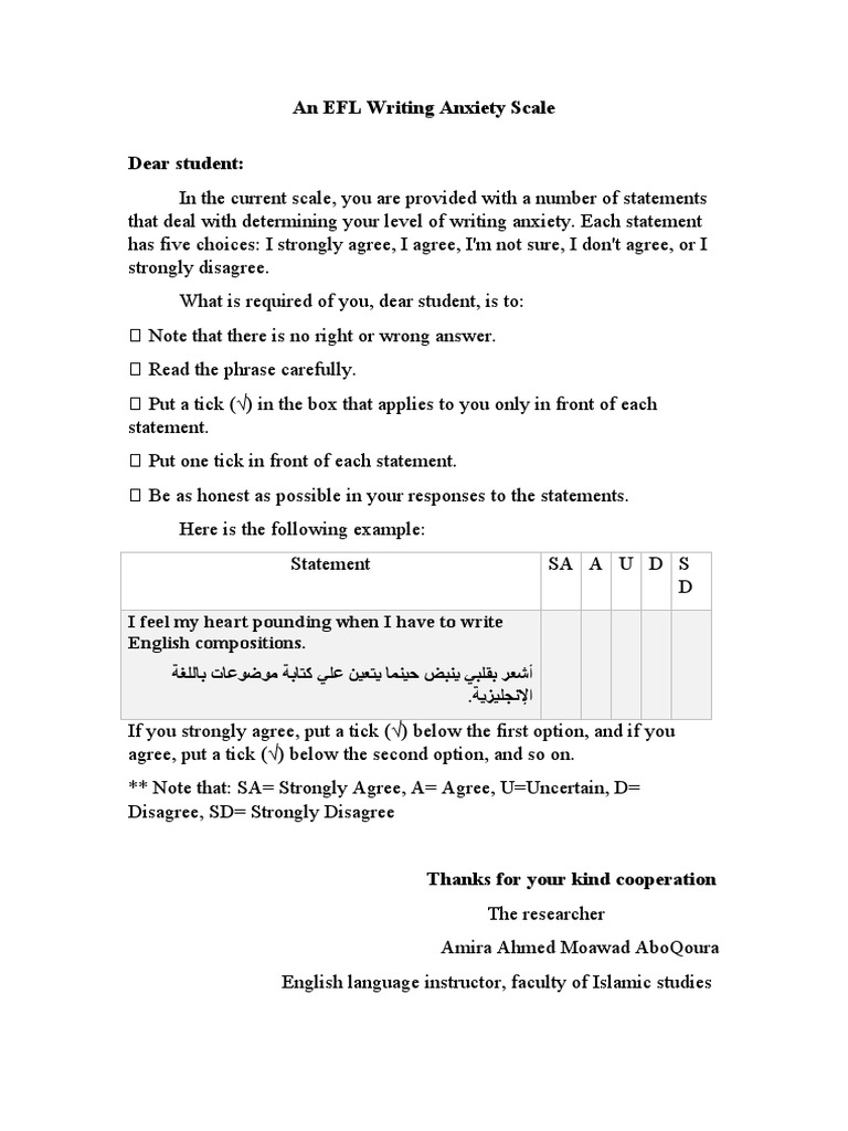 Student Version of The Writing Anxiety Scale | PDF