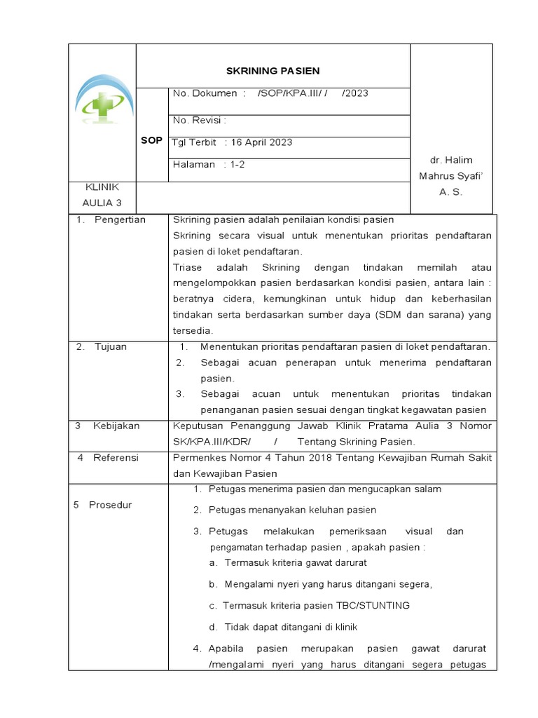 Prosedur Skrining Pasien Klinik Aulia 3 | PDF