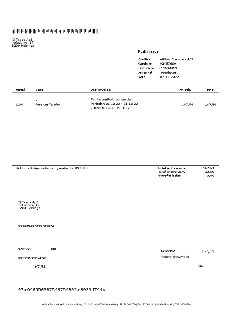 4592457660 IQ Trade ApS Telefonfaktura Regning | PDF
