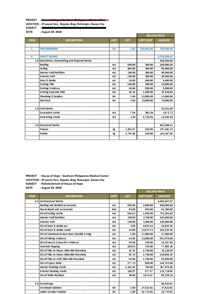 For Attachments Sample - XLSX - Cost Breakdown Scribd | PDF | Wall | Architectural Design