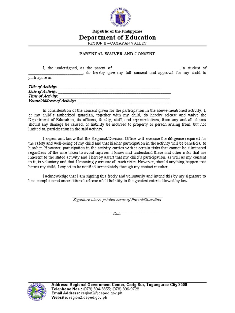 Parental Consent and Waiver | PDF | Consent | Ethical Principles