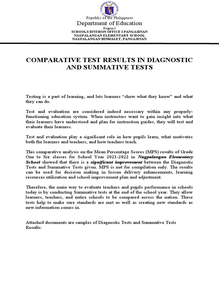 Comparative Test Result Diagnostic And Summative Pdf