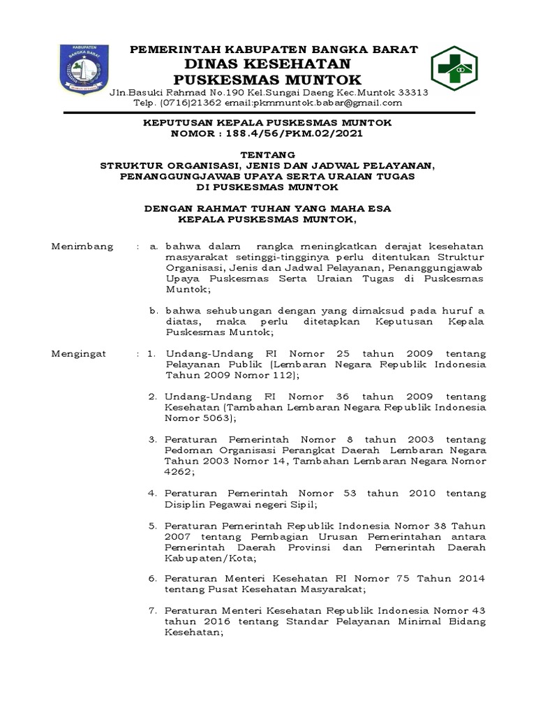 SK Struktur Organisasi, Tugas Dan Fungsi PKM Muntok 2021 | PDF