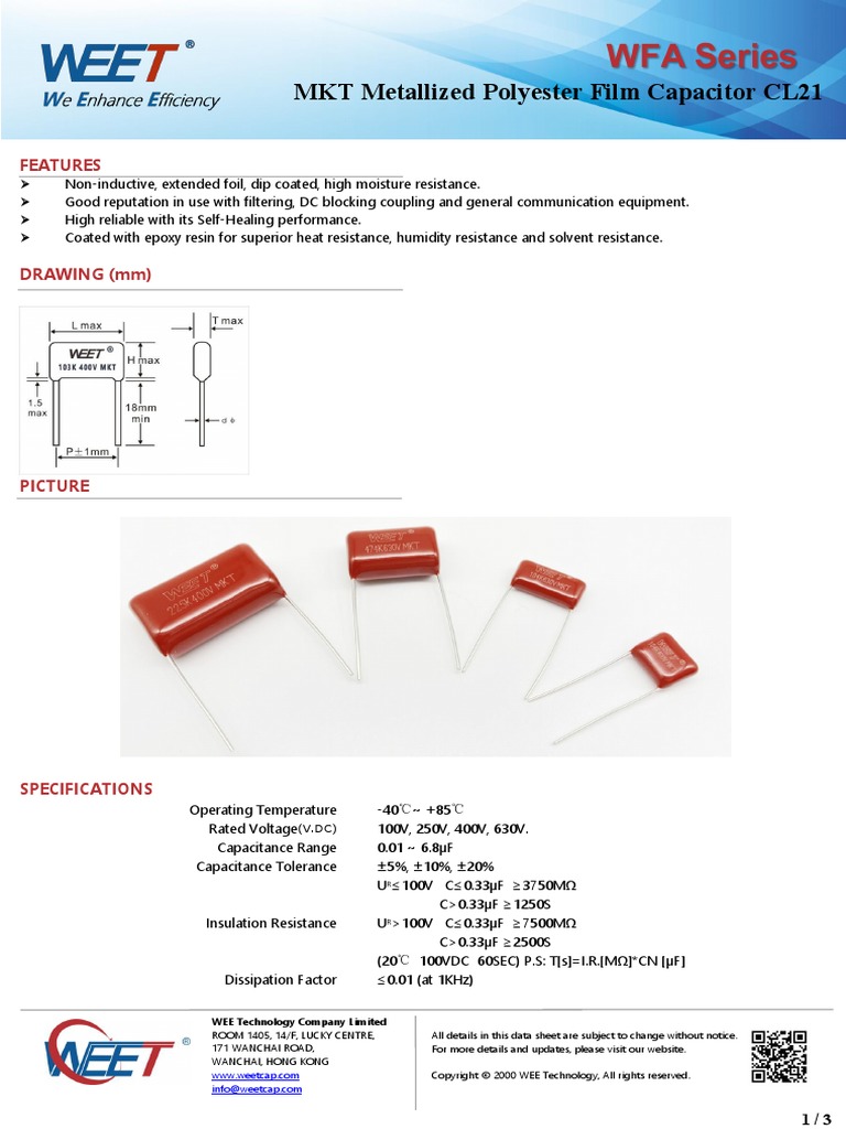WEET WFA Dip Coated MKT Metallized Polyester Film Capacitor CL21 | PDF