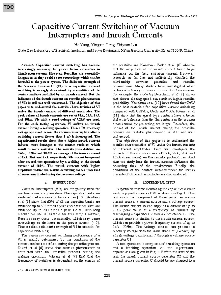 Capacitive Current Switching Of Vacuum Interrupters And Inrush Currents