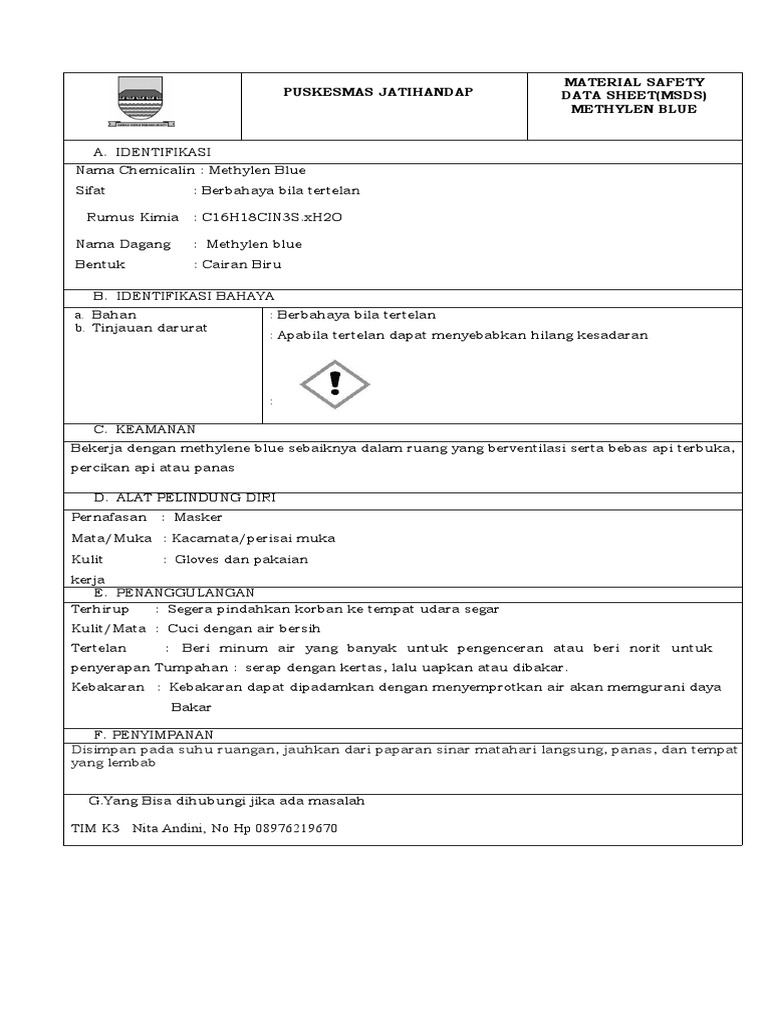MSDS Methylene Blue: Keamanan dan Bahaya | PDF