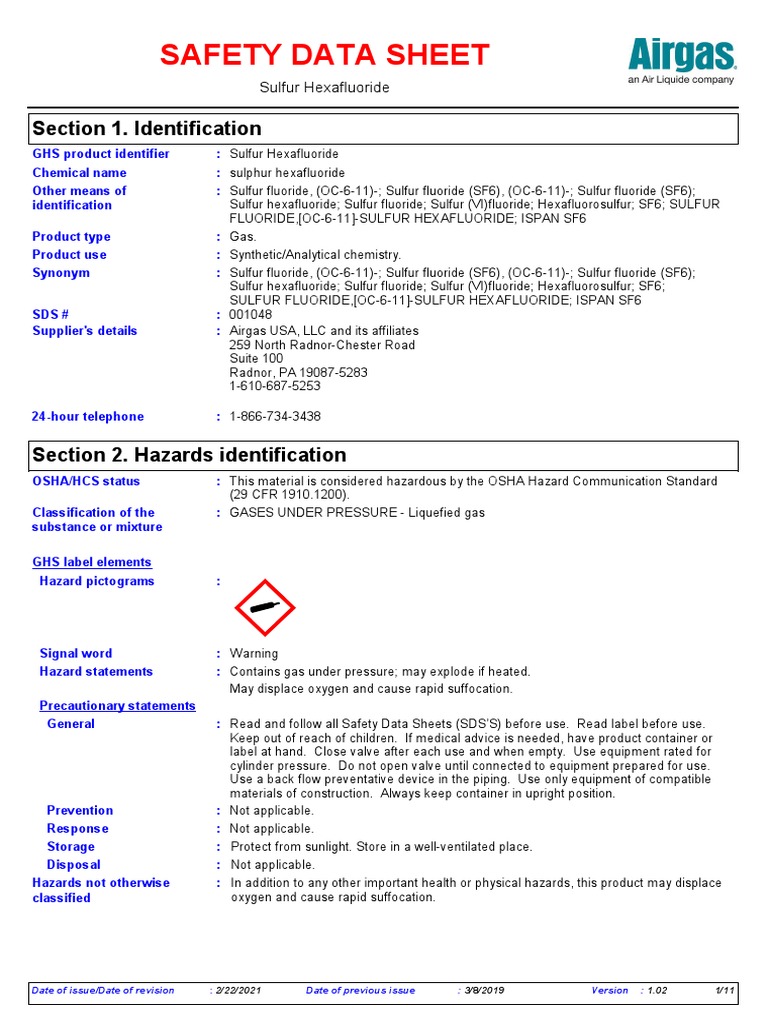Sf6 Gas - Msds | PDF | Dangerous Goods | Waste Management