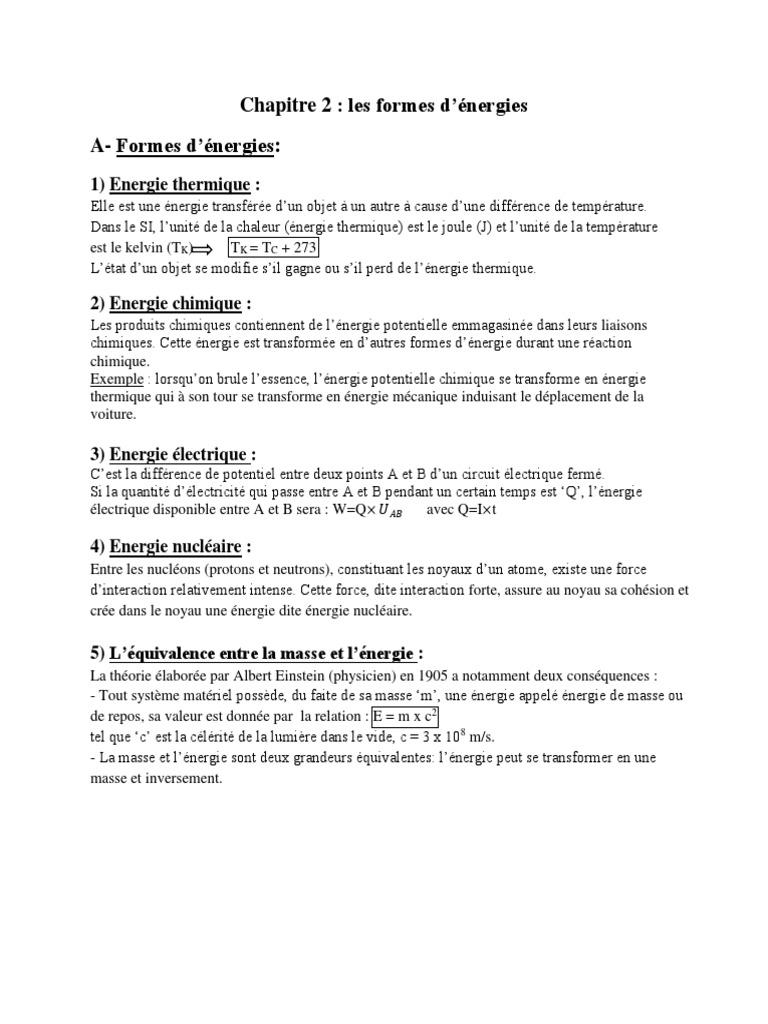 Chapitre 2 Les Formes d'Énergies | PDF