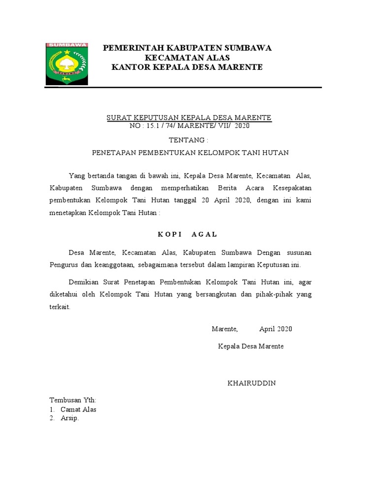 SK Kepala Desa KTH Kopi Agal | PDF