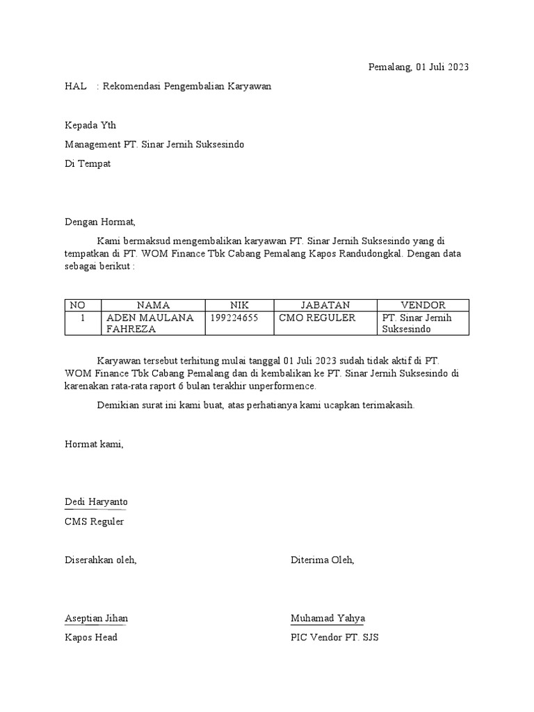 Surat Pengembalian PT Sjs | PDF | Karier & Perkembangan | Bisnis
