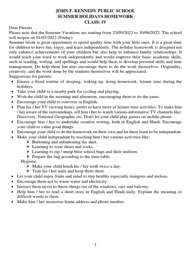 John F. Kennedy Public School Summer Holidays Homework Class: Iv | PDF ...