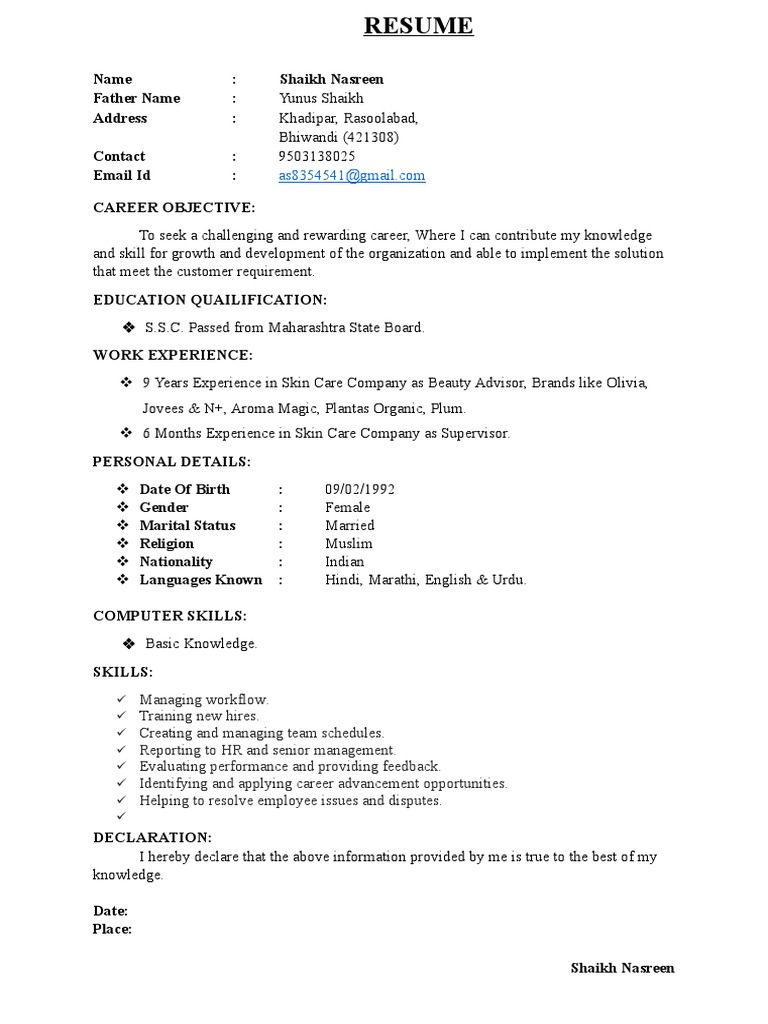 Shaikh Nasreen Resume | PDF | Career & Growth