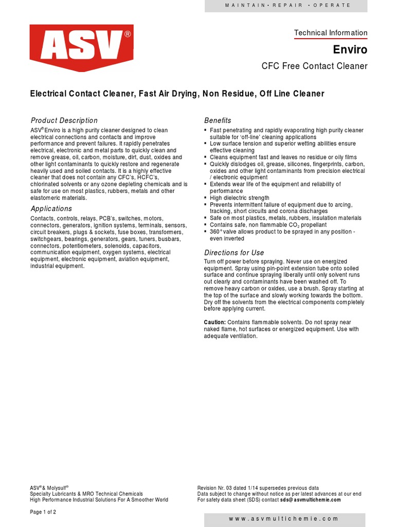 Asv Enviro Electrical Contact Cleaner | PDF | Electrical Connector | Chlorofluorocarbon