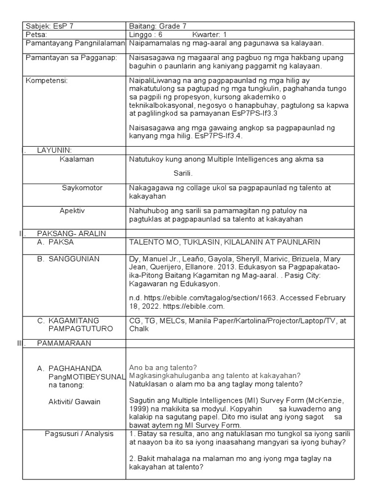 Lesson-Plan EsP7 Q1 Week6 | PDF