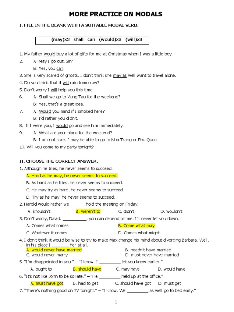 Anh 12 HK2 Unit 10 More Practice On Modals | PDF