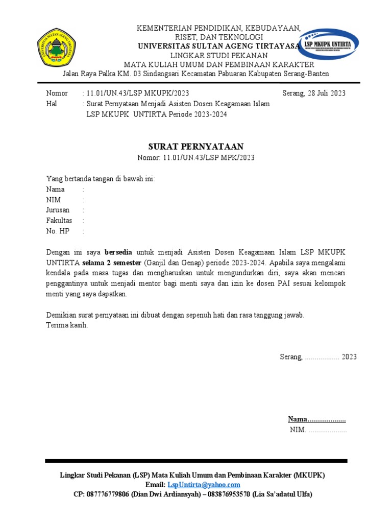 Surat Pernyataan Menjadi Asdos LSP | PDF