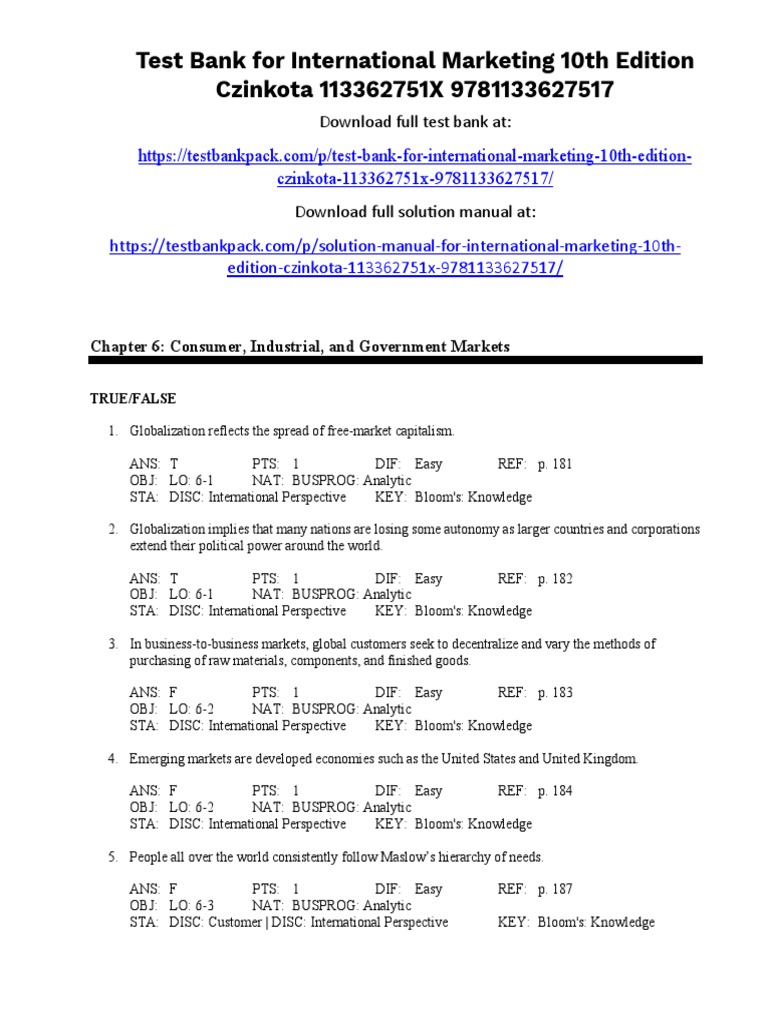 International Marketing 10th Edition Czinkota Test Bank Download | PDF