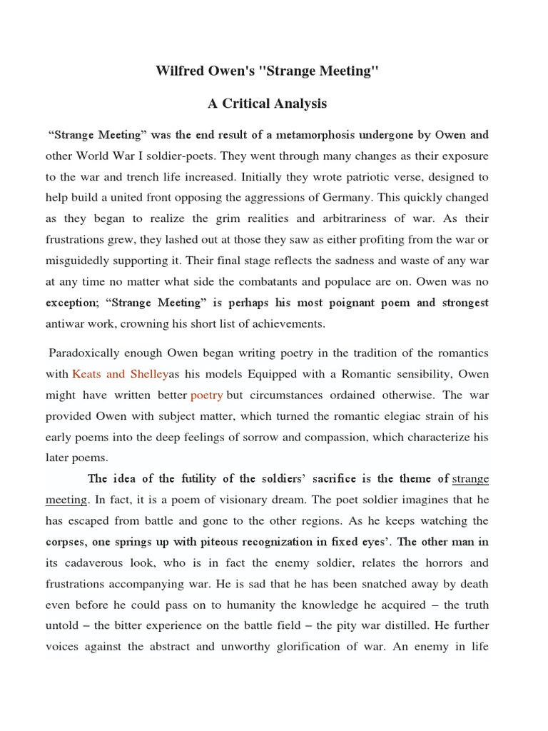 Wilfred Owen's "Strange Meeting" A Critical Analysis: Keats and Shelley Poetry | PDF | Poetry