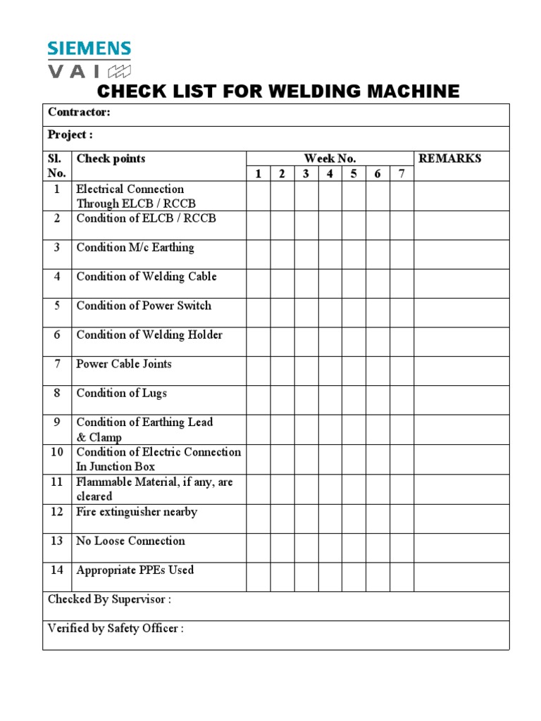Welding Machine Safety Checklist | PDF | Technology & Engineering
