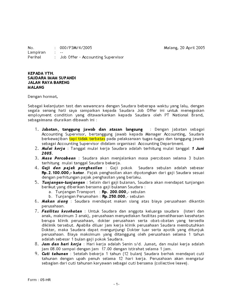 05-Form Contoh Job Offer Kepada Calon Karyawan | PDF