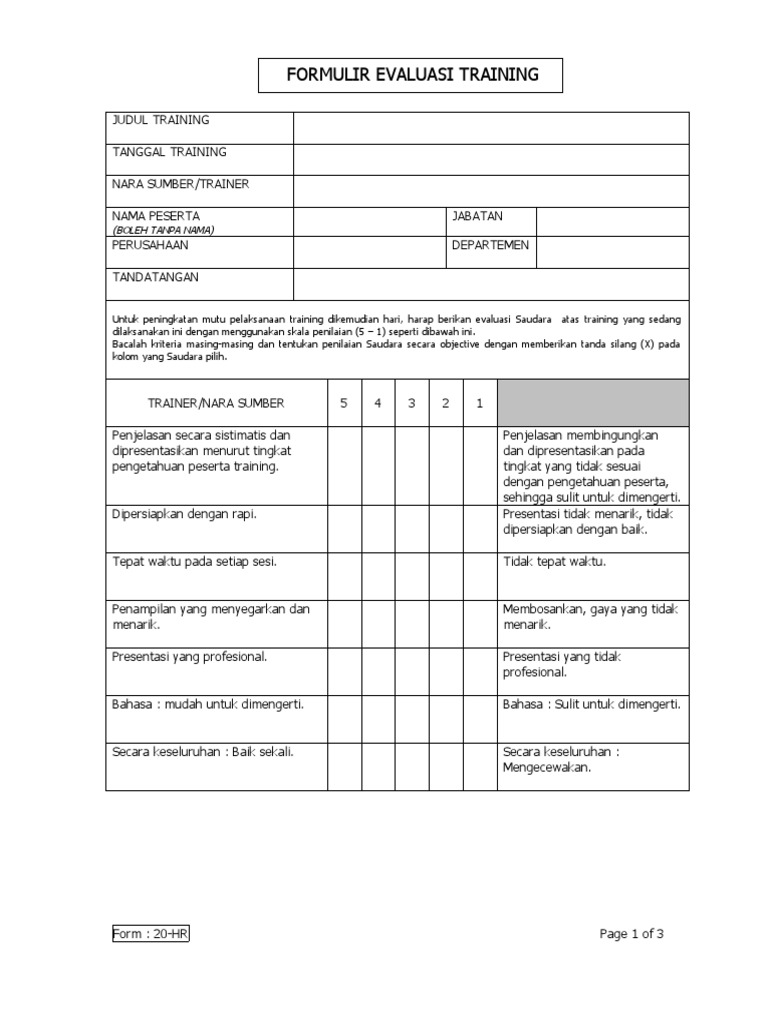 20 Form Hrd Evaluasi Training Pdf