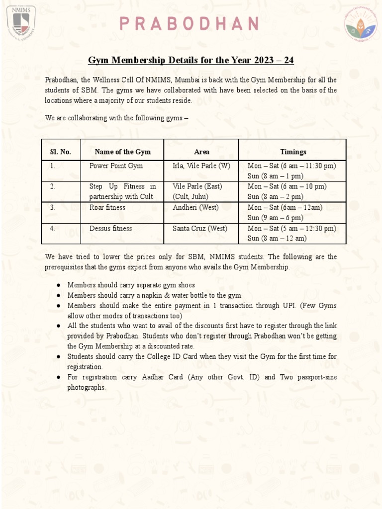 NMIMS Gym Membership Plans 2023-24 | PDF | Weight Training | Physical ...
